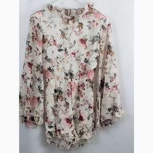 Pants & Jumpsuits | White Pink Floral Bell Sleeve Open Back Romper ...